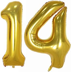 Amazon.com: Tellpet Gold Number 14 Balloons, 14th Birthday Party ...