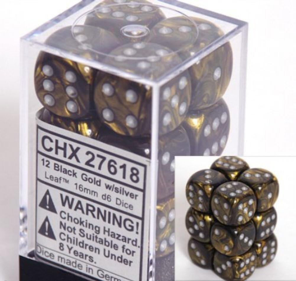 Chessex Dice d6 Sets: Leaf Black & Gold with Silver - 16mm Six Sided ...