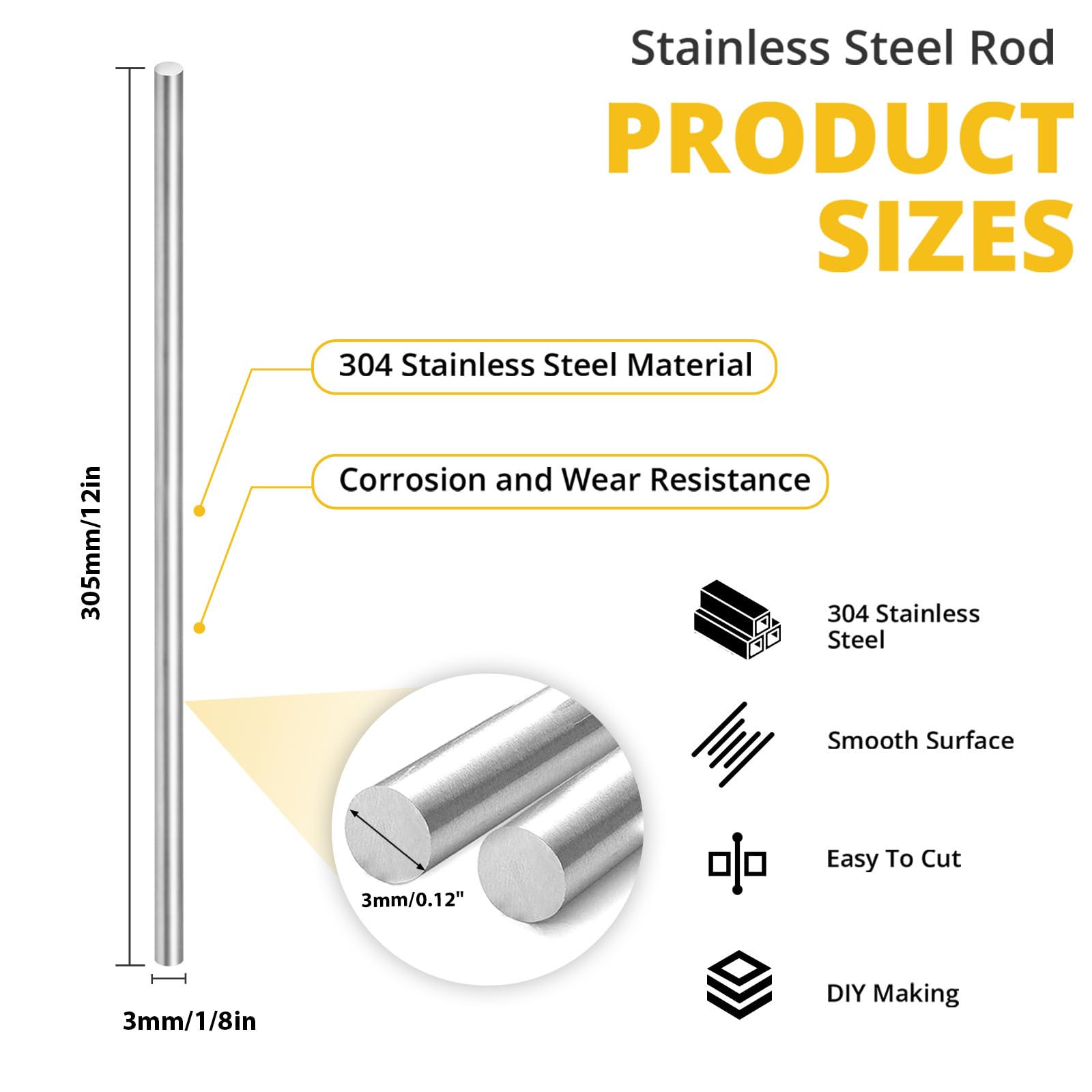 Mua 12 Pcs 304 Stainless Steel Round Rod,Phiowocx 1/8” x 12” Metal ...