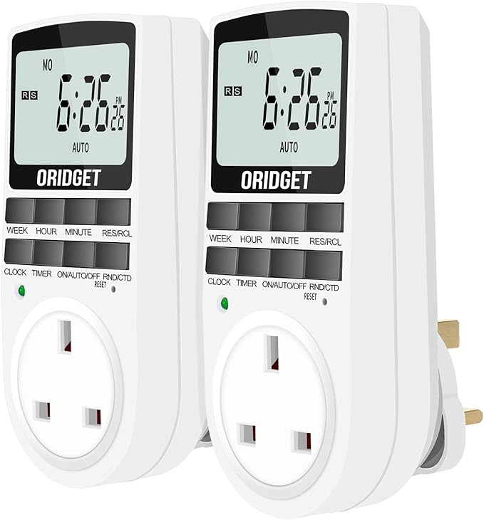 ORIDGET Digital Electrical Countdown Timer Plug Socket with 18 On-Off Programs and Security ...
