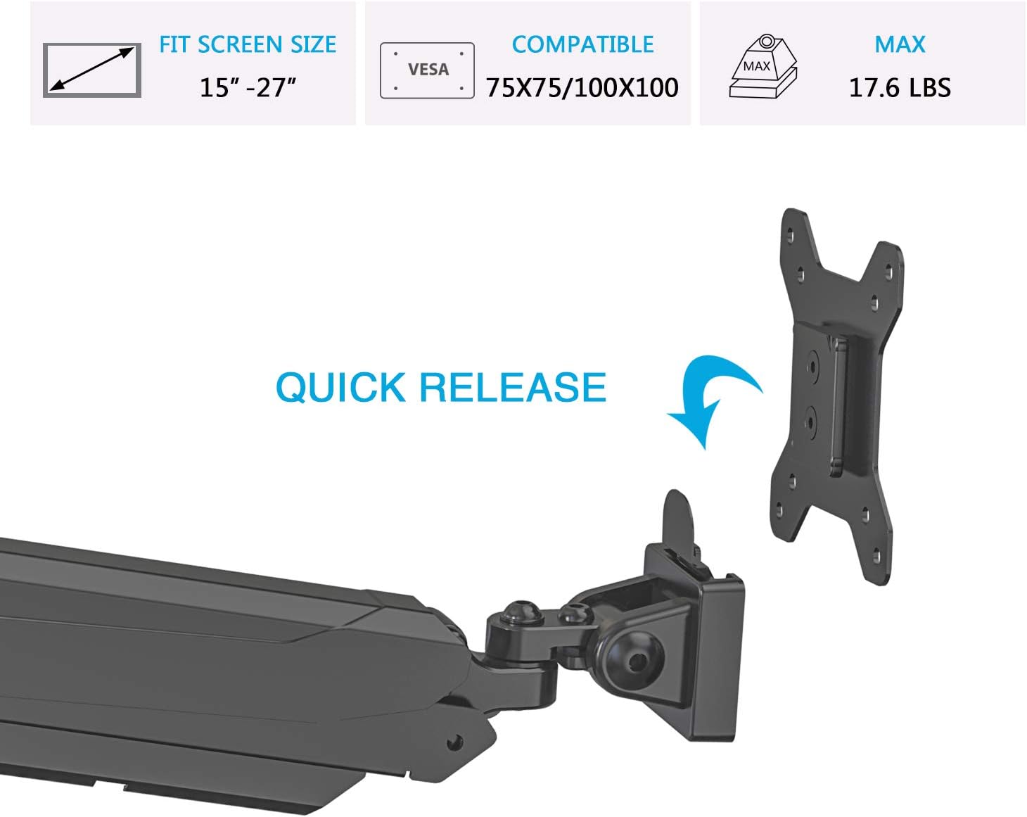 Eono Essential PC Monitor Arm Gas Spring Powered Full Motion Single ...