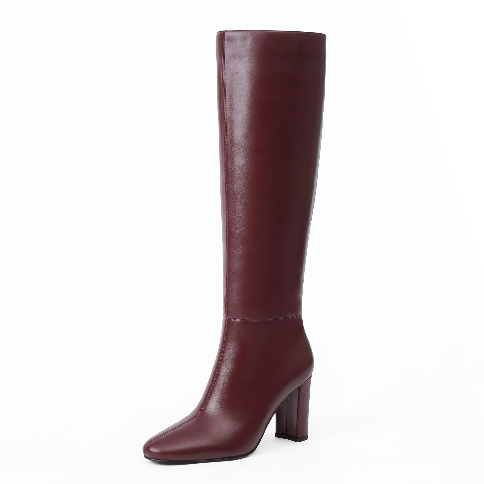 Modatope Burgundy Knee High Boots Women Chunky Heel Rounde Toe Tall ...