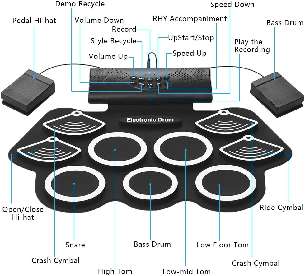 UFLIZOGH Electronic Drum Kit Digital Roll-Up MIDI Drum 9 Silicon Drum ...
