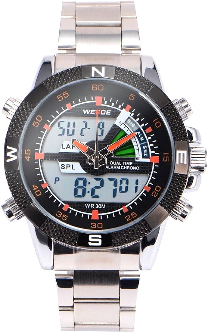 Amazon.co.jp： WEIDE WH-1104 防水 メンズ LED デジタル アナログ デュアルタイム表示 ステンレススチールバンド ...