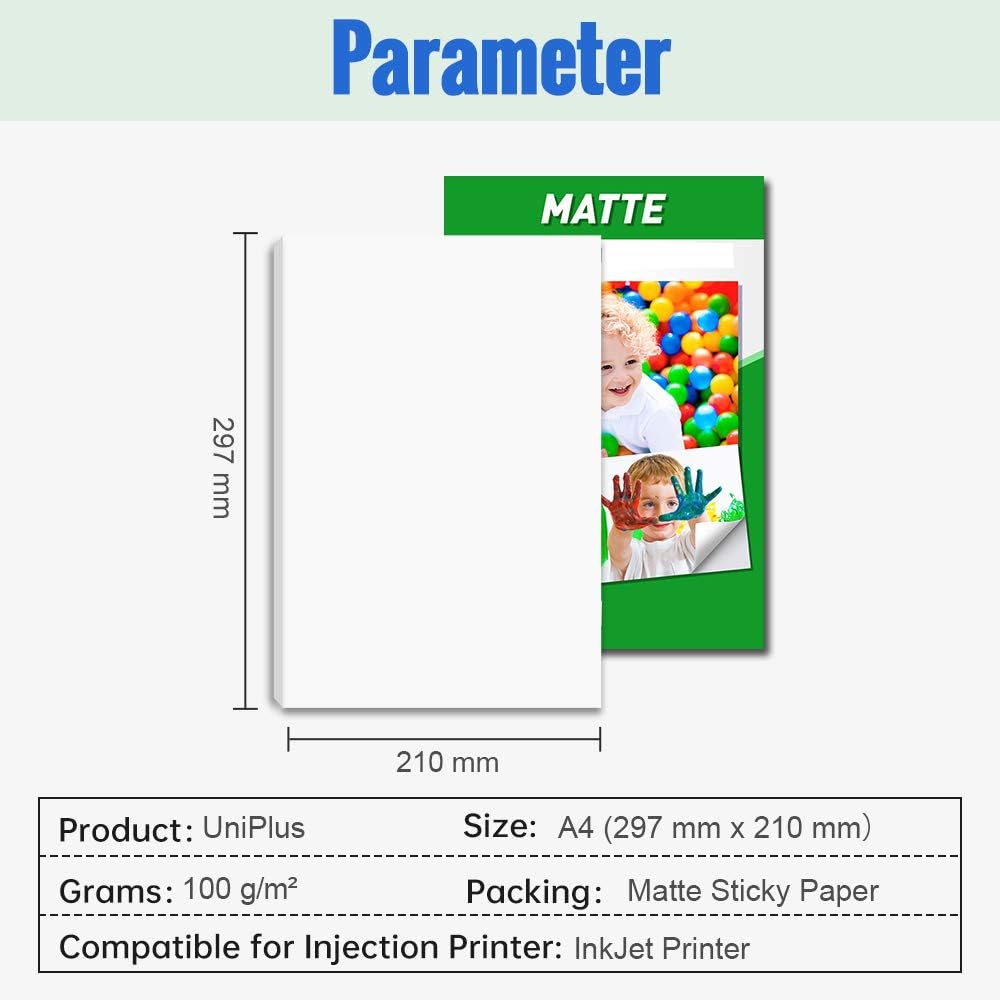 UniPlus Quality Matte Printable Sticker Paper for Inkjet Printers, Self ...