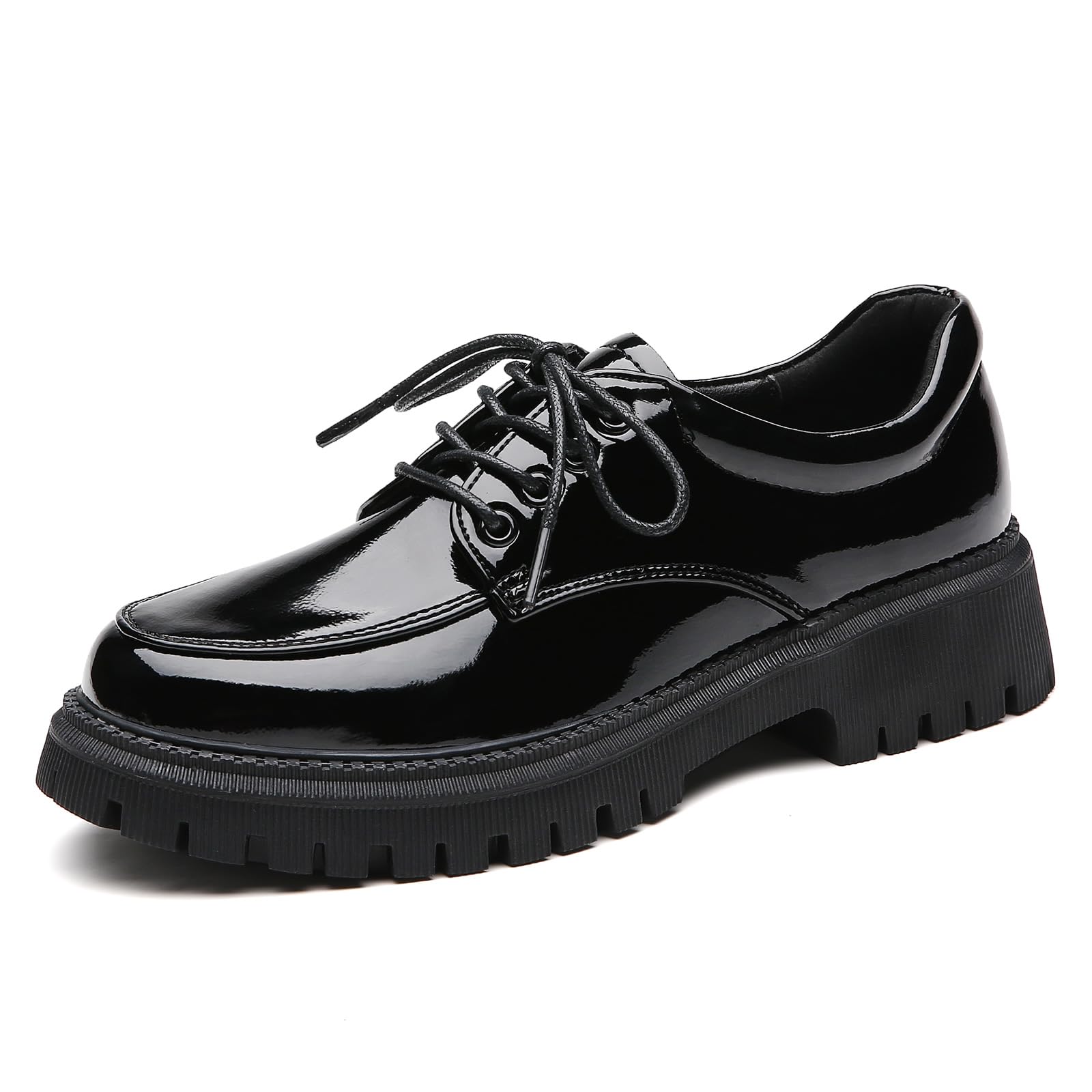 Black Oxford Shoes for Women Platform Chunky Lace-up Round Toe Patent ...