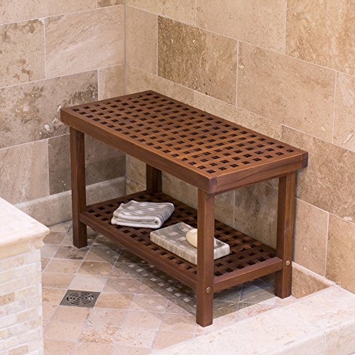 Belham Living Transitional Style Lattice Teak Shower Bench in Natural ...