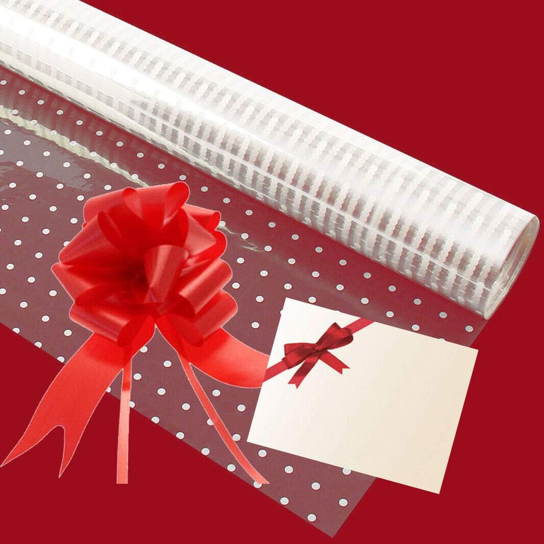 White Dot Cellophane Gift Wrap with Free Red Pull Bow, Red Curling ...