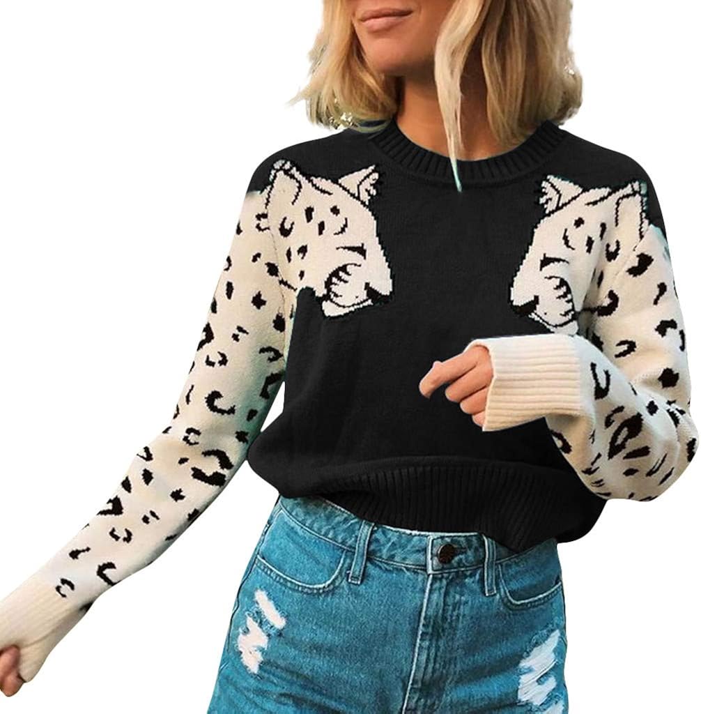 EuCoo Fashion Women Sweaters Animal Print Patchwork O-Neck Long Sleeve ...