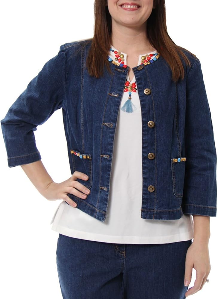 Ruby Rd. 3/4 Slv Embellished Denim Jacket in Indigo (16) at Amazon ...