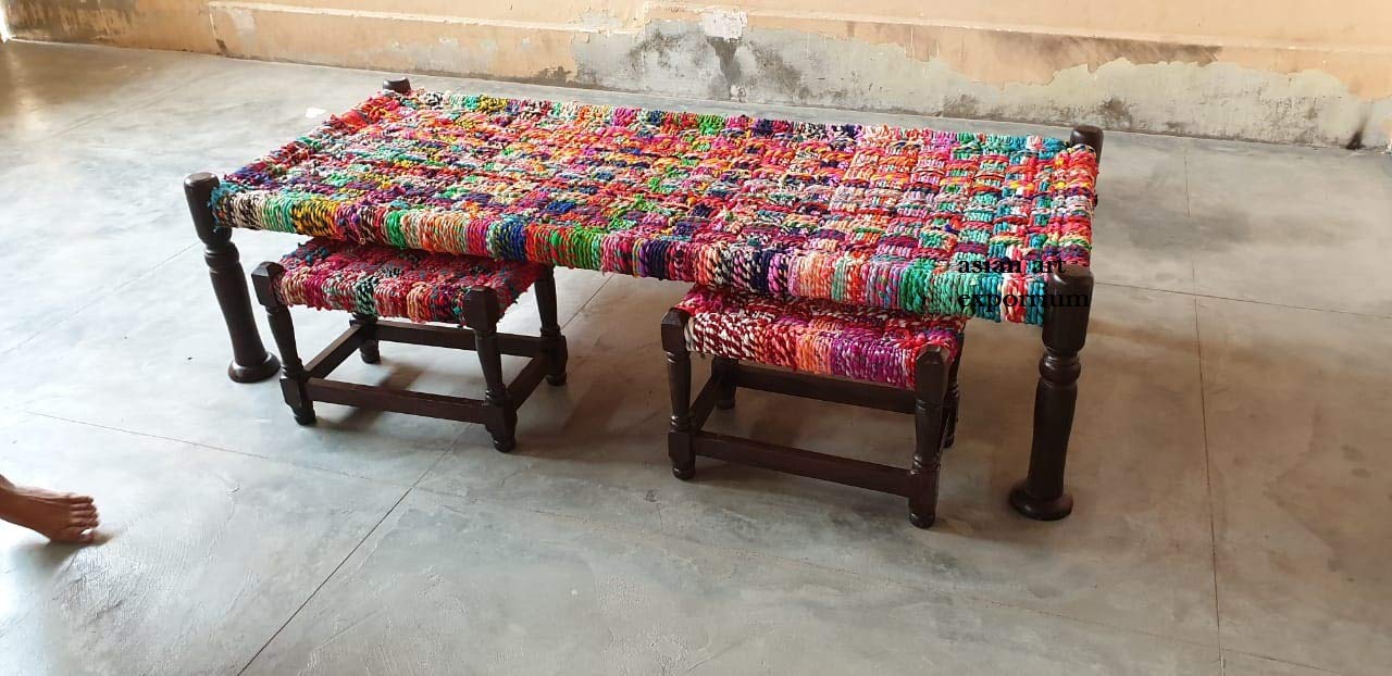 Handmade Wooden charpai with 2 Stool: Amazon.in: Home & Kitchen