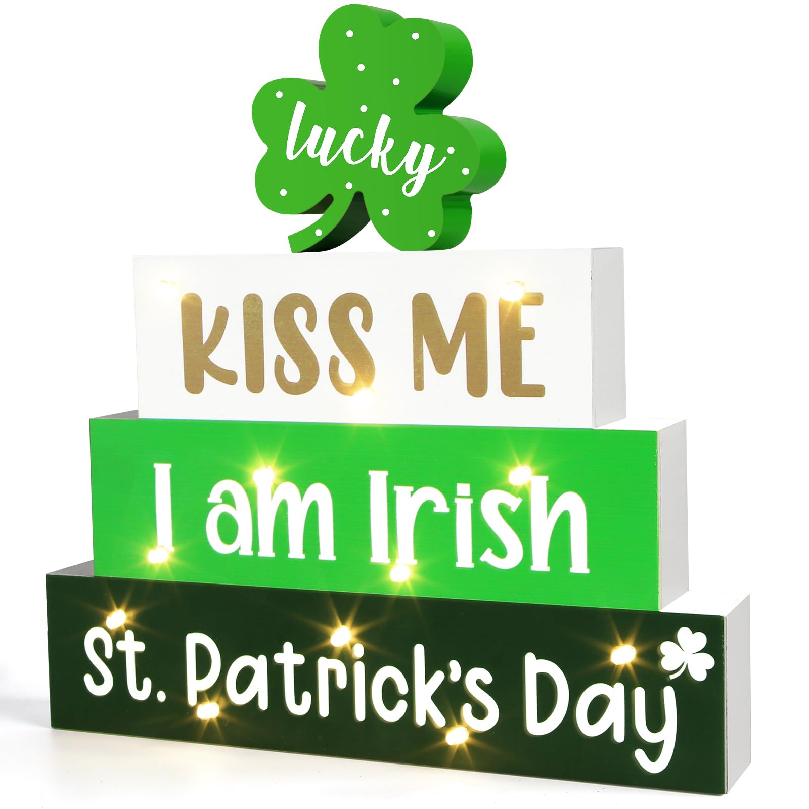 SURCVIO St Patricks Day Decorations Wooden Block Sign with Led Lights ...