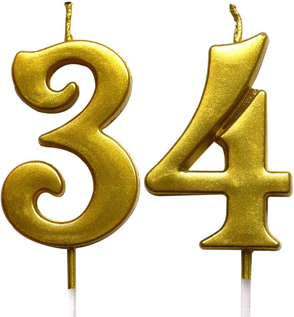 Amazon.com: MAGJUCHE Gold 34th Birthday Numeral Candle, Number 34 Cake ...