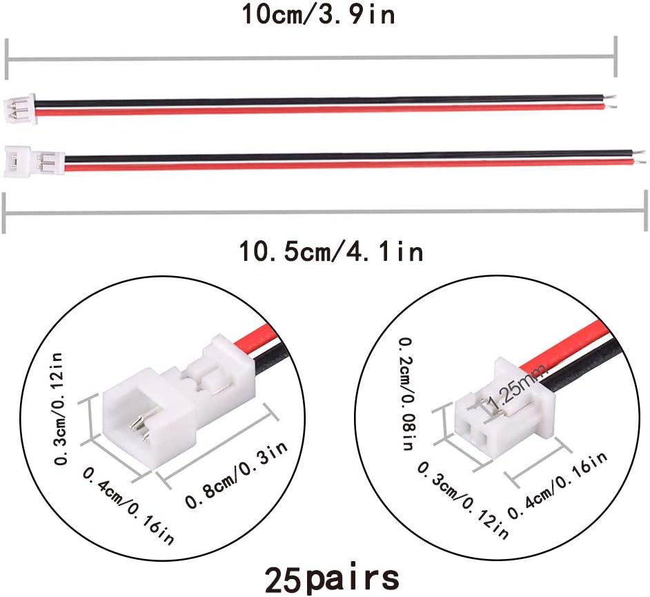 YIXISI 25 Pairs 1.25 JST PH 2-Pin Micro Electrical Male and Female Connector Plug with 10 cm ...