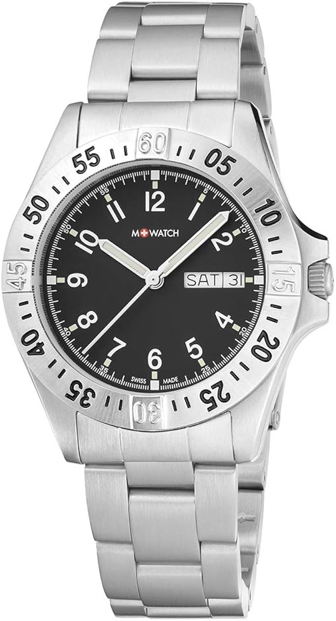 M WATCH Swiss Made Aqua Steel Black Dial with Day Date and Bezel ...