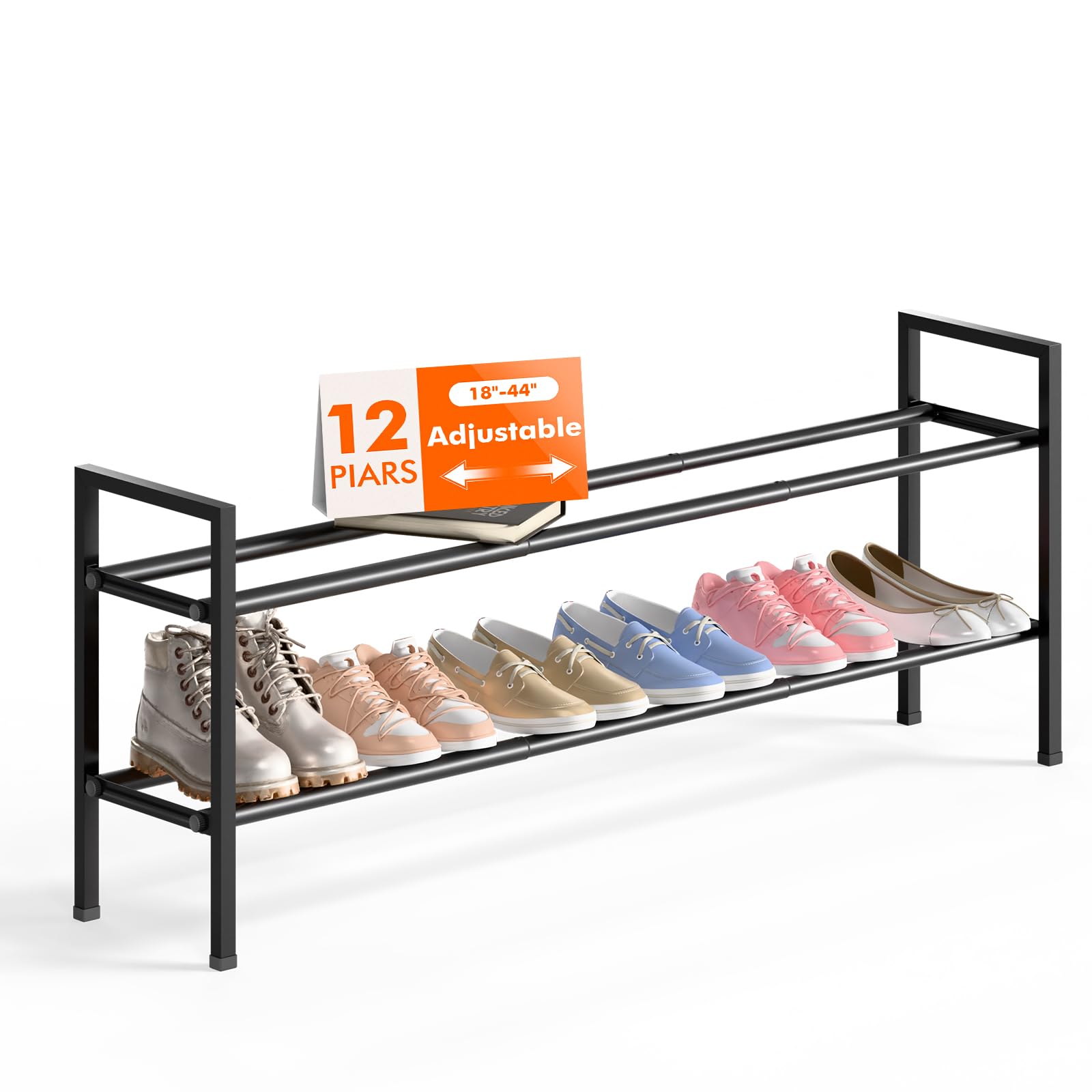 Bumusty 2-Tier Long Expandable Shoe Rack for Closet, 18"-44" Adjustable ...