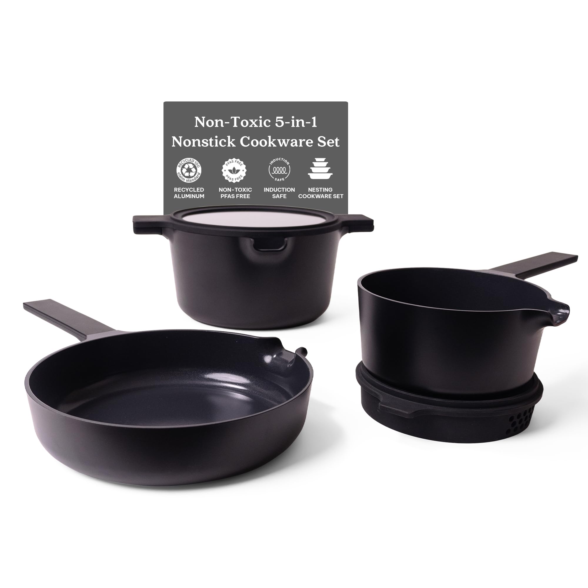 Alva Neat 5-in-1 Black Ceramic Nonstick Cookware Nesting Set, Recycled ...
