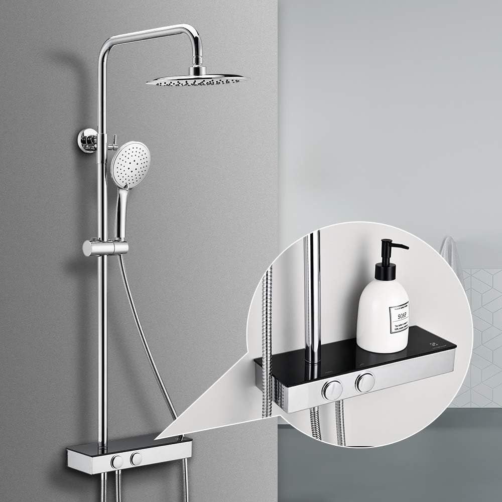 HOMELODY Bathroom Shower Mixer Bar Set 3 Jet with Shelf Chrome ...