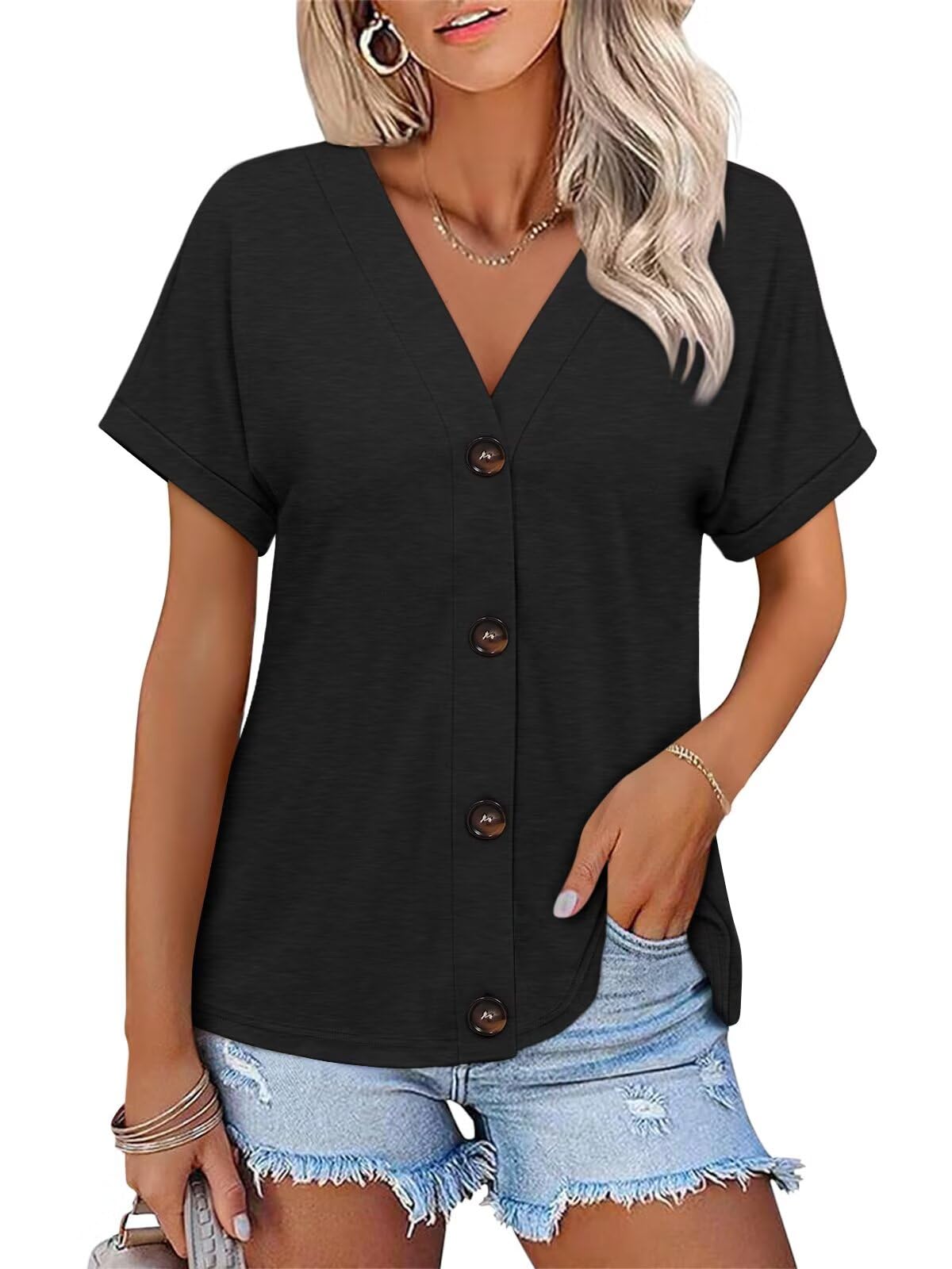 ORANDESIGNE Women's Short Sleeve V Neck Tops Casual Button Down Summer ...