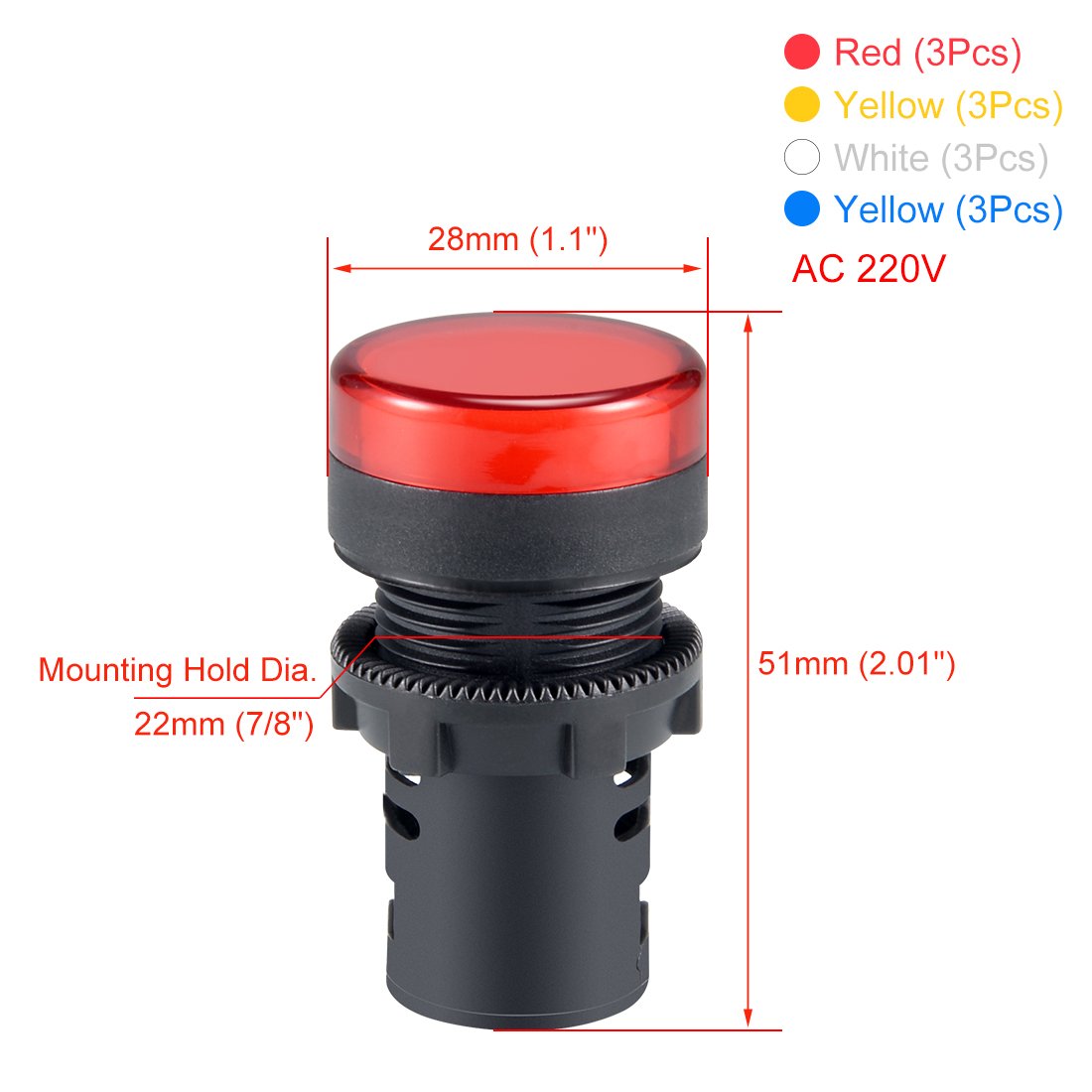 sourcing map 4Pcs AC 220V Indicator Lights, Red+Blue+Yellow+White LED ...