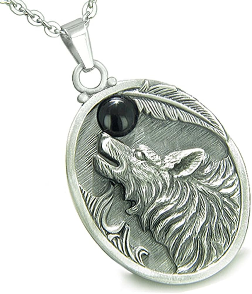 BestAmulets Amulet Howling Wolf Simulated Black Onyx Moon Pendant 18 ...