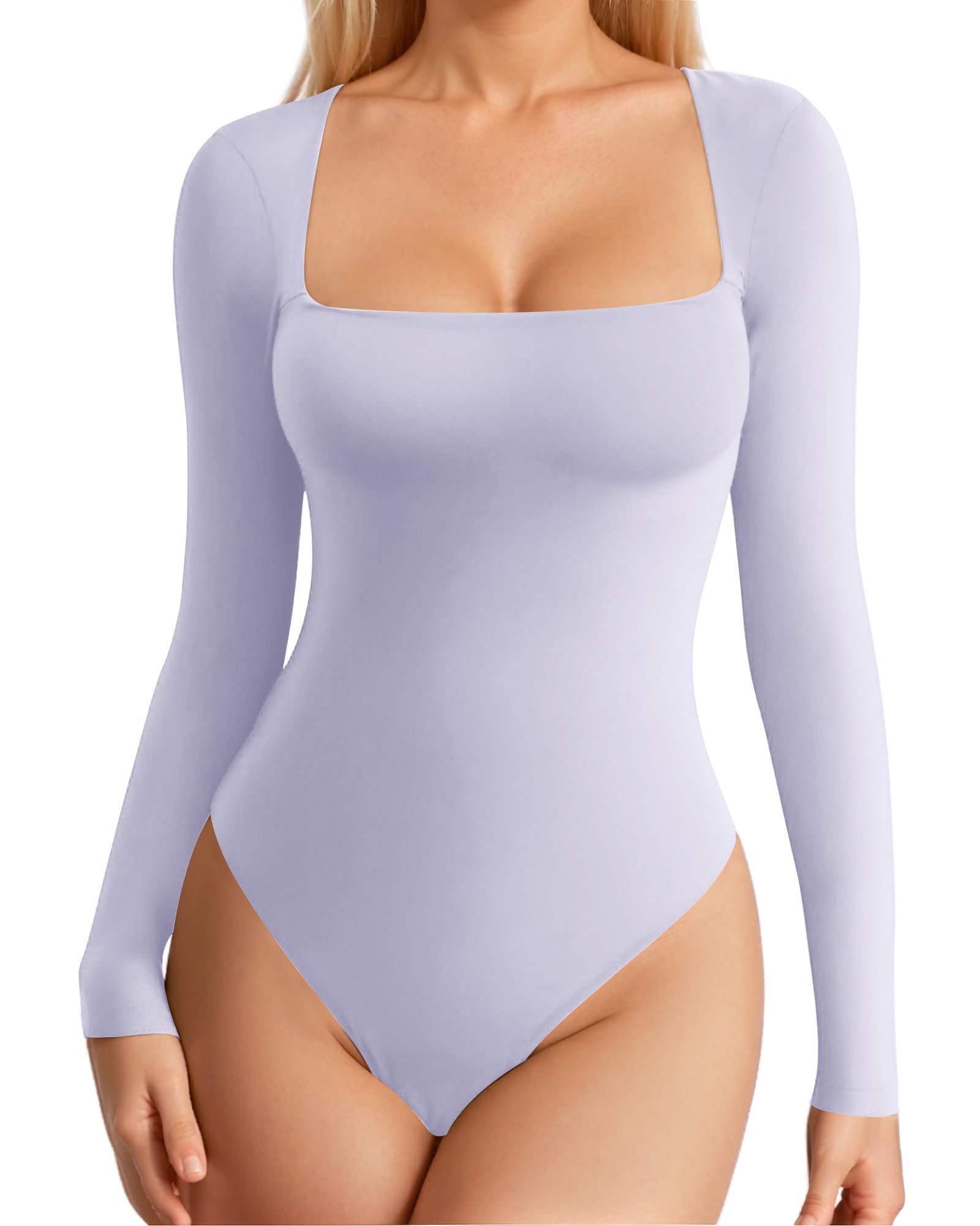 MANGOPOP Women's Square Neck Long Sleeve Bodysuit Sexy Double Lined Thong Body Suits Going Out ...