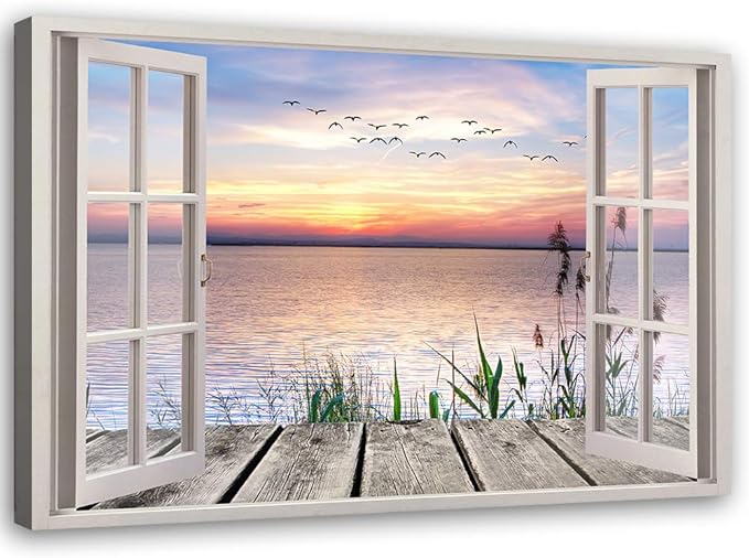 Bild auf Leinwand Fensterblick Kunstdruck modern Landschaft Steg Strand Meer Blau Orange 90x60 ...