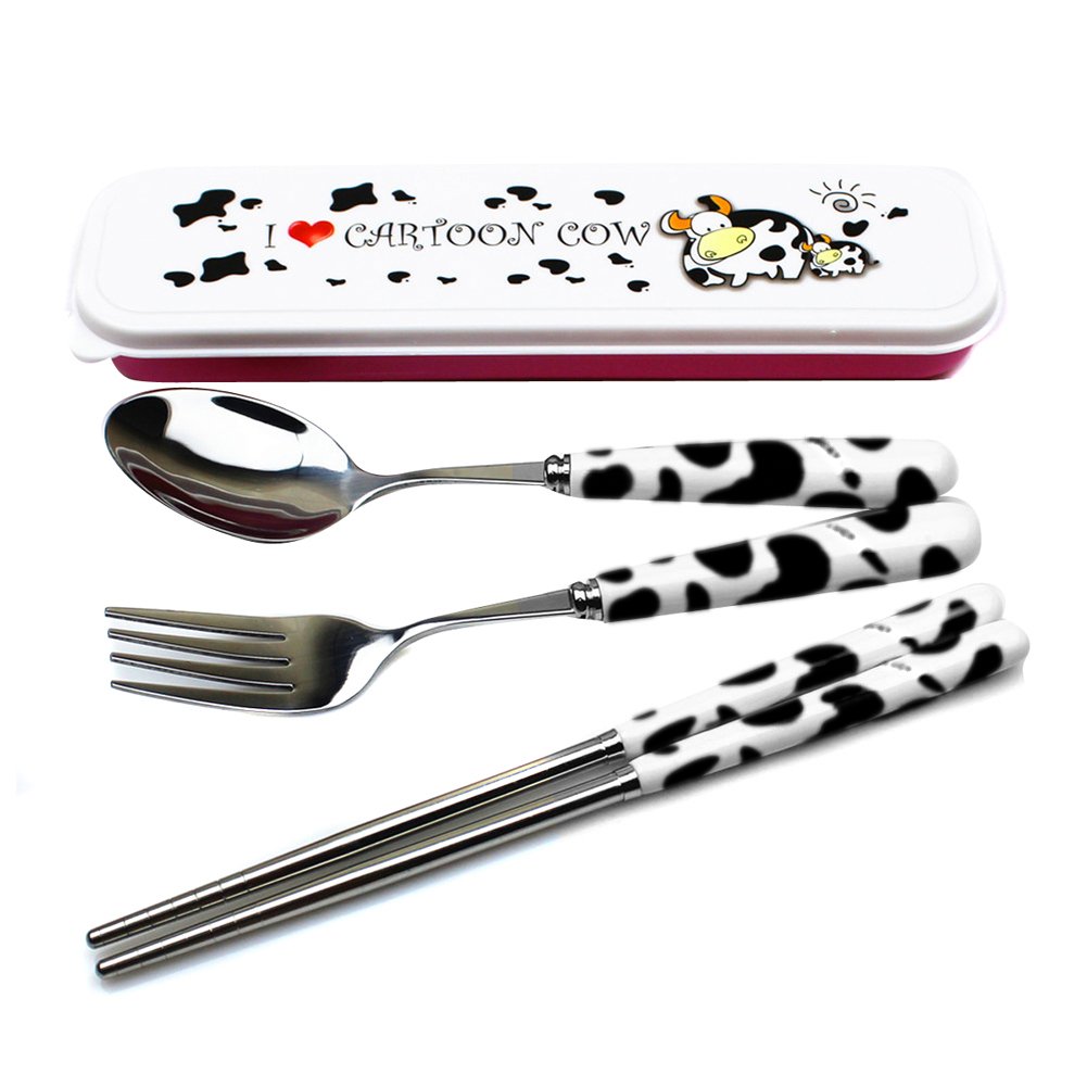 Sealike Cute Cow Ceramics Handle Stainless Steel Spoon Fork Chopsticks ...