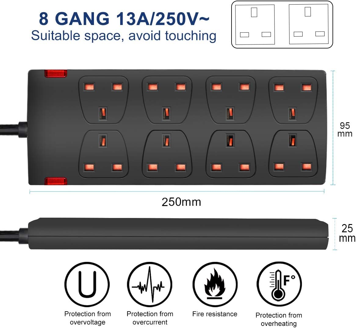 ExtraStar 8 Way Extension Lead 13A Fused Power Strips UK Plug with ...