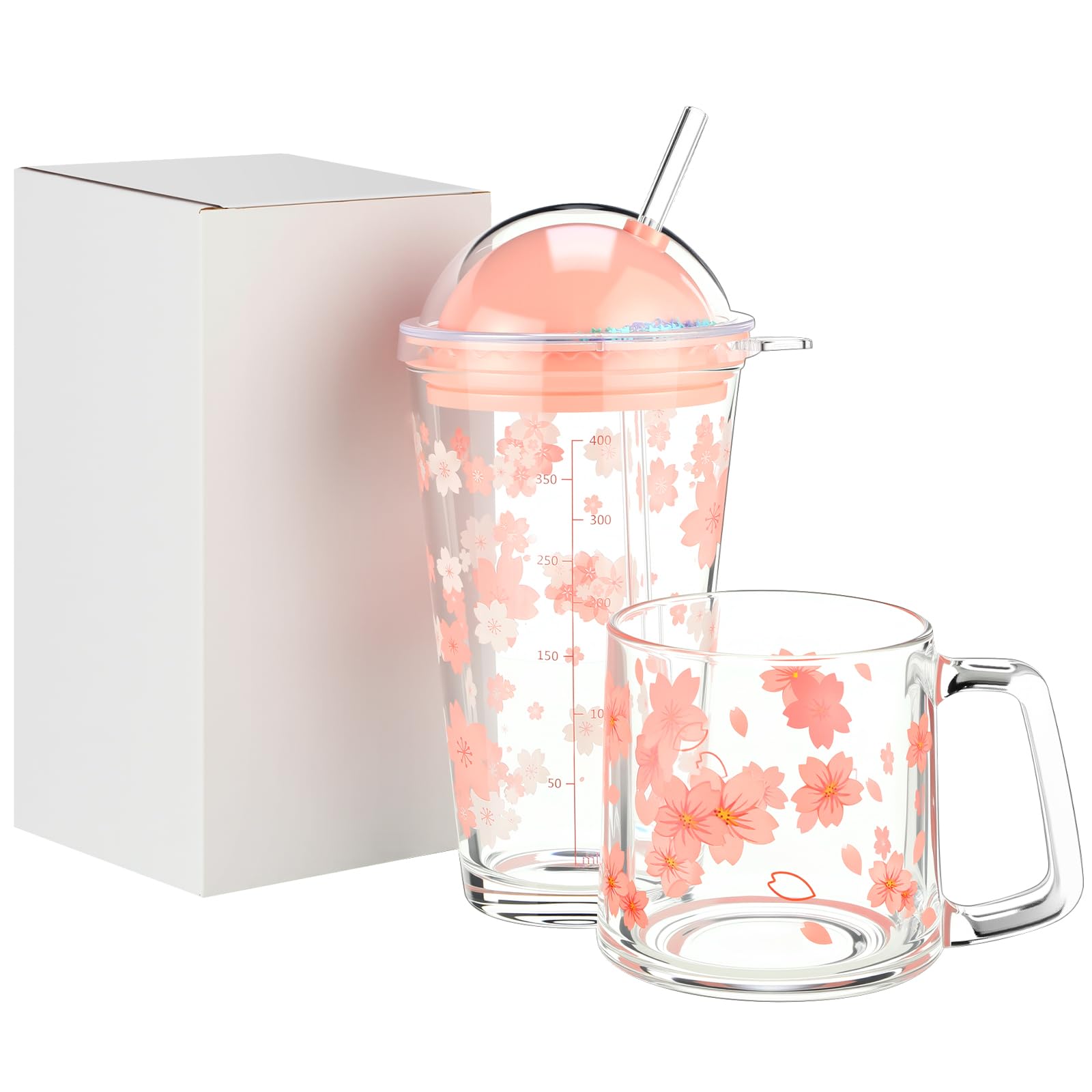 Honeydak 2 Pack Sakura Glass Cups, 24 oz Cup Double Wall Cherry Blossom ...