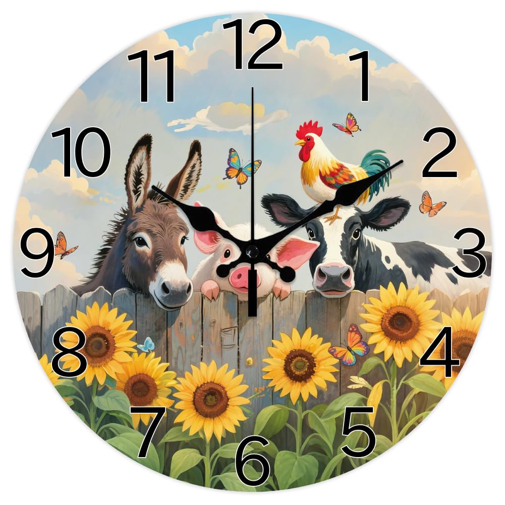 CHGCRAFT Farm Donkeys Pattern Wall Clock Sunflowers 12 Inch Non-Ticking ...