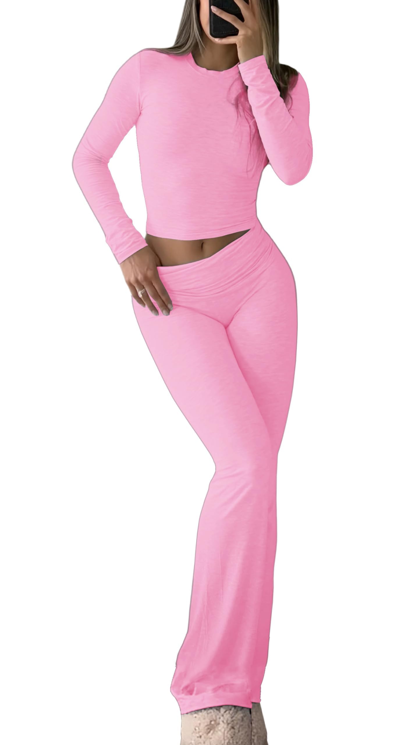 YETOWA Women's 2 Piece Casual Outfits Pajama Slim Fit Long Sleeve Top ...