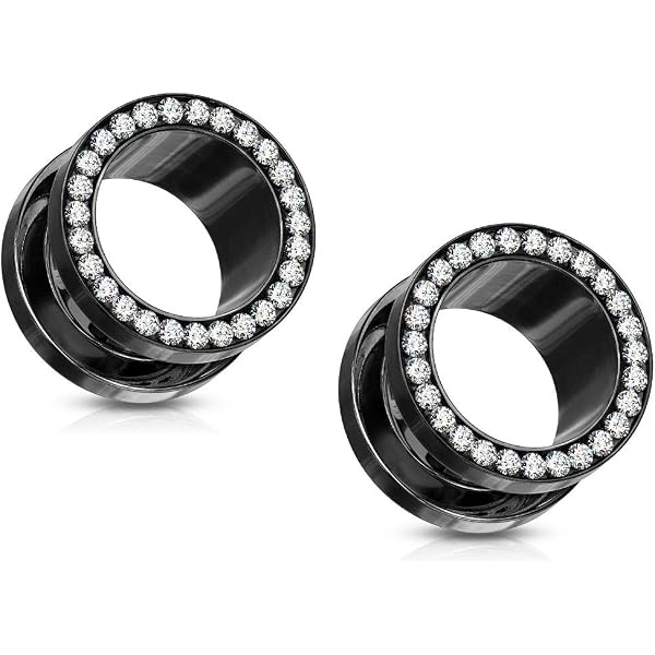 PVD Plated Ear Gauges Pair Of Large Clear/AB Gem PVD Plated Tunnels ...