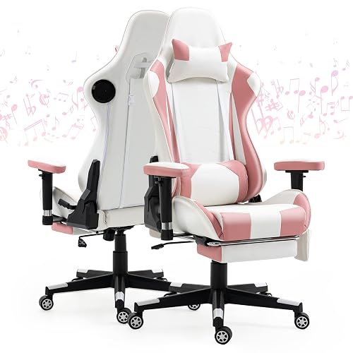 ECOTOUGE Pink Gaming Chair with Speakers, Music Video Game Chair with ...