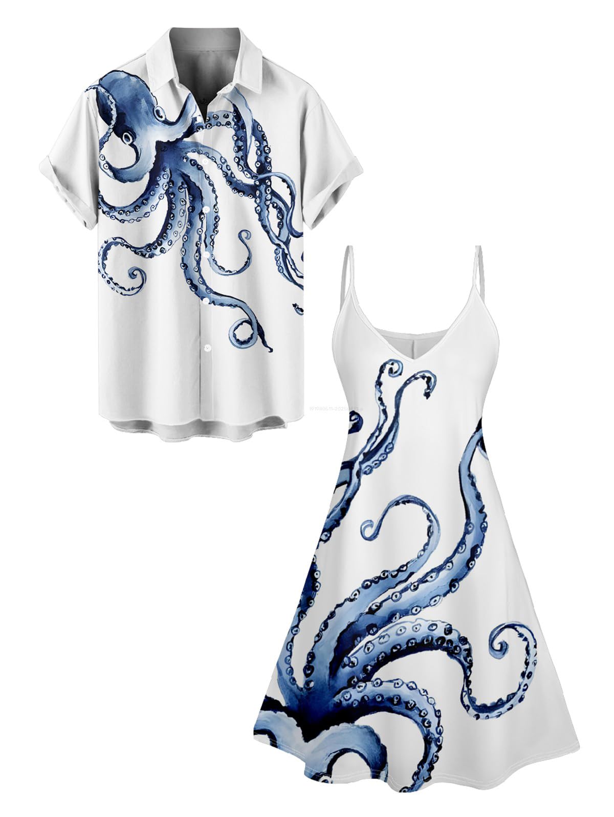 DRESSFO Couple Matching Hawaiian Outfits Gothic Octopus Print V Neck ...