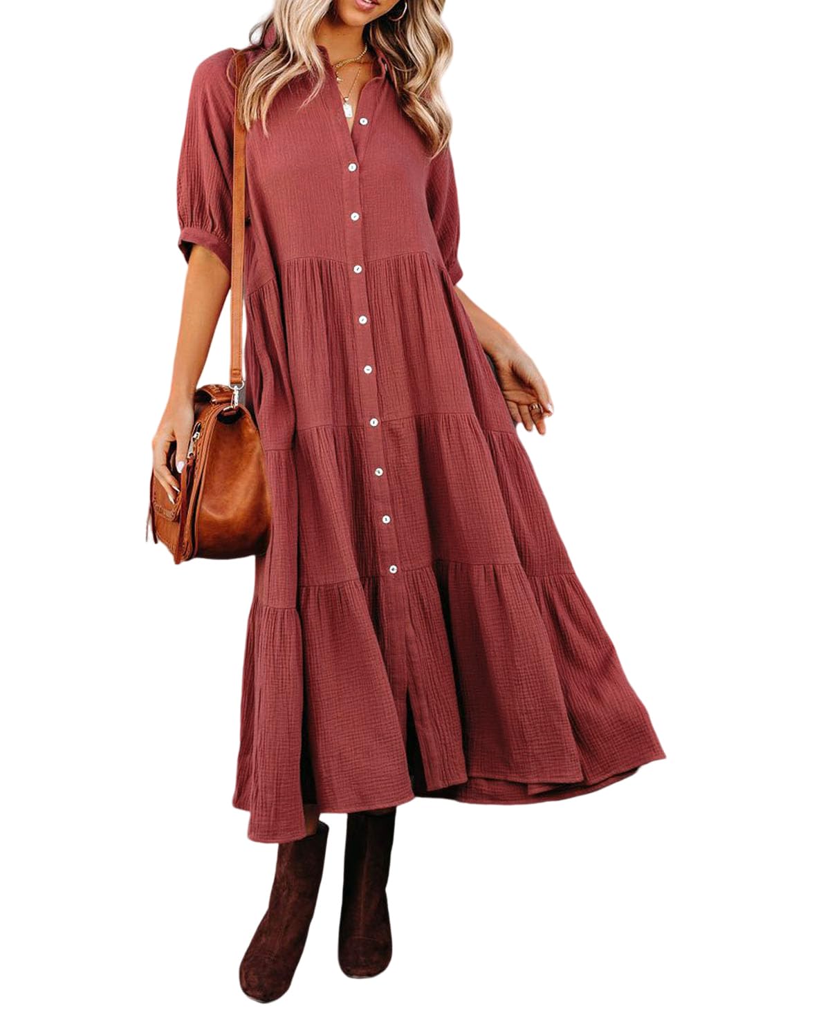 R.Vivimos Women's Summer Cotton Half Sleeves Button Down Casual Loose Slit Midi Dress with ...