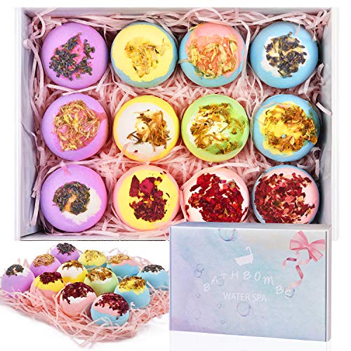 12 Bath Bombs Gift Set with Dry Flowers, Natural & Organic Essential Oils Bath Bombs, Fizzy Spa ...