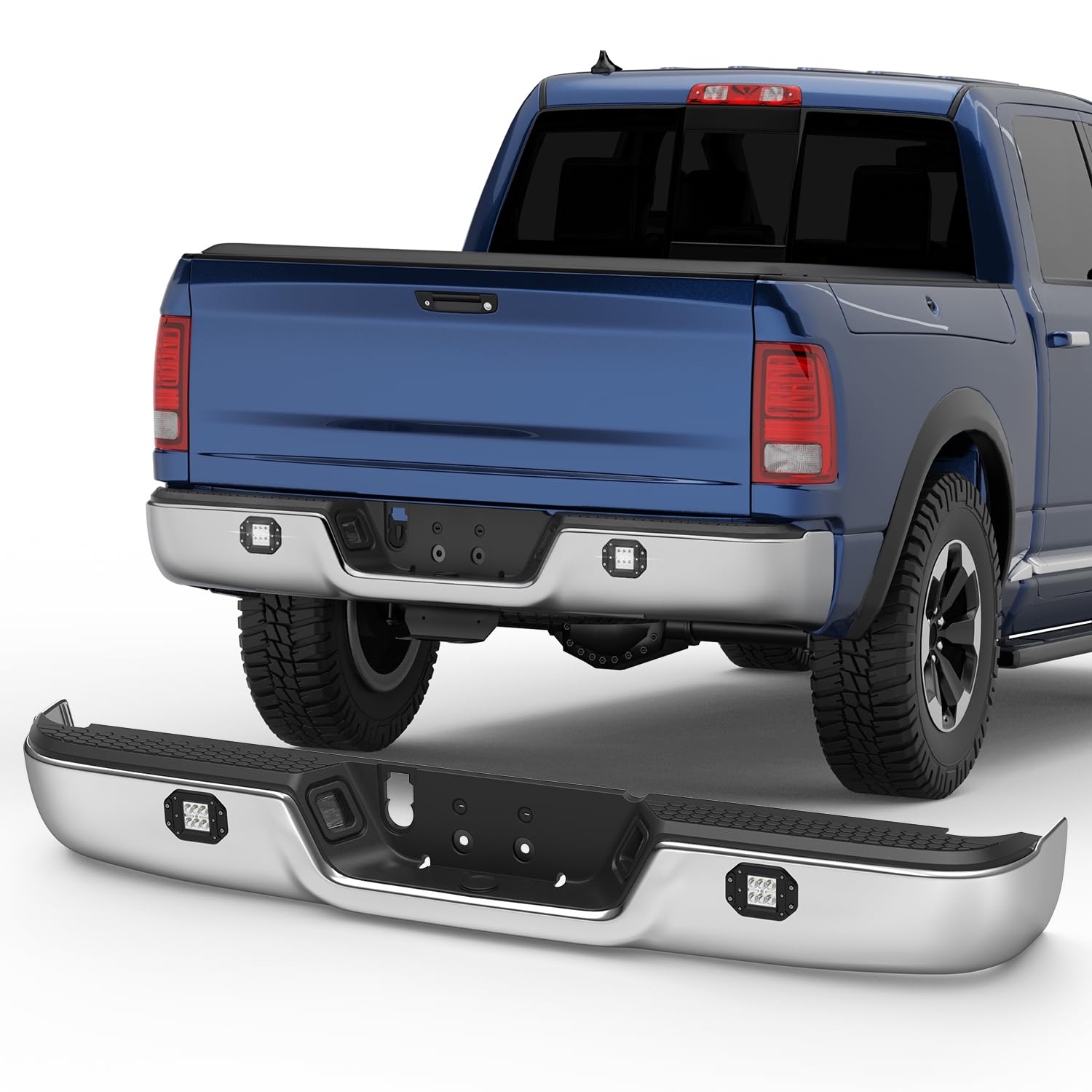 KUIPERAUTO Chrome Rear Bumper Assembly w/LED Square Light Compatible ...