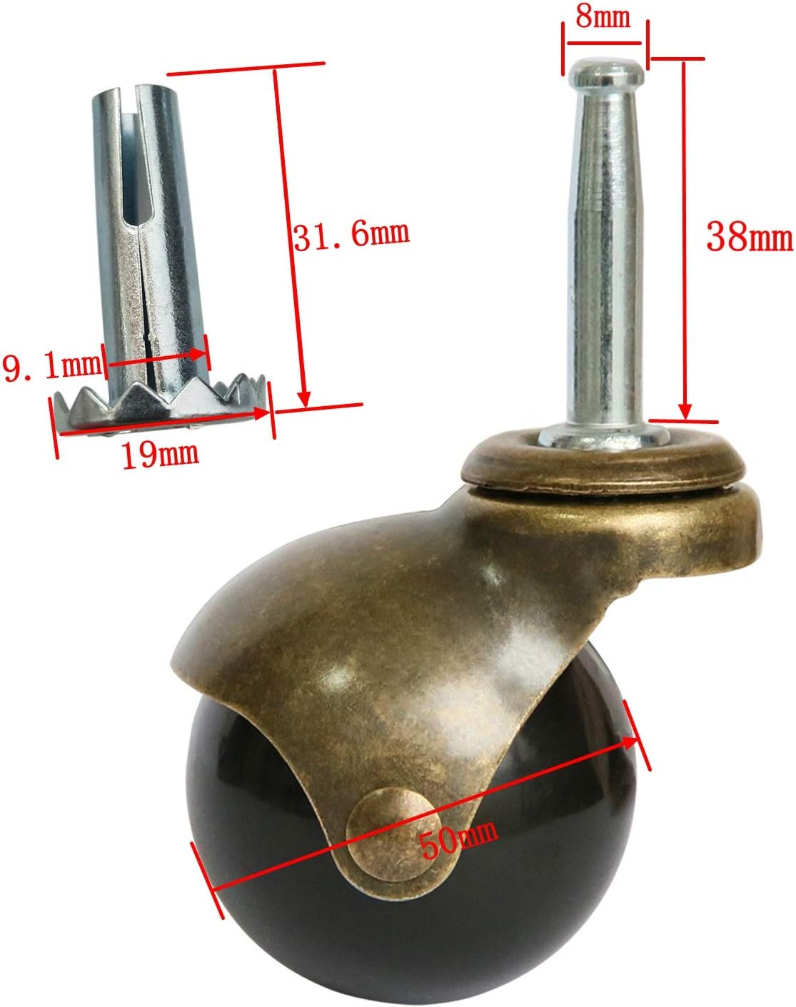 MySit 2″ Ball Caster Wheel Gold Ball Caster with Stem Socket for ...