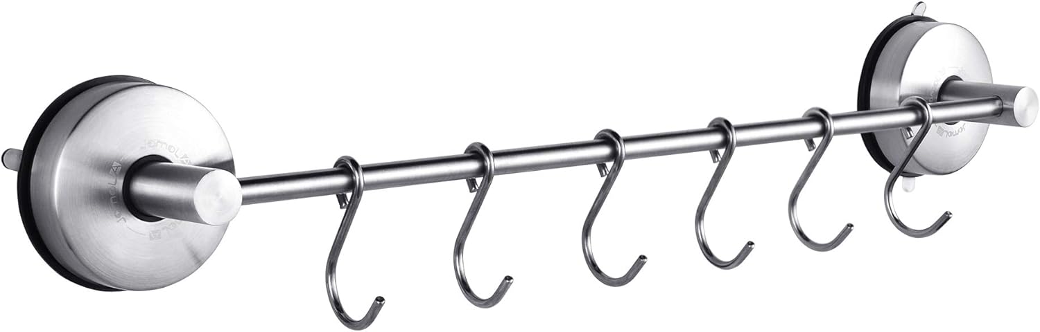 JOMOLA Suction Cup Kitchen Rail with 6 Utensil Sliding Hooks Drill Free ...