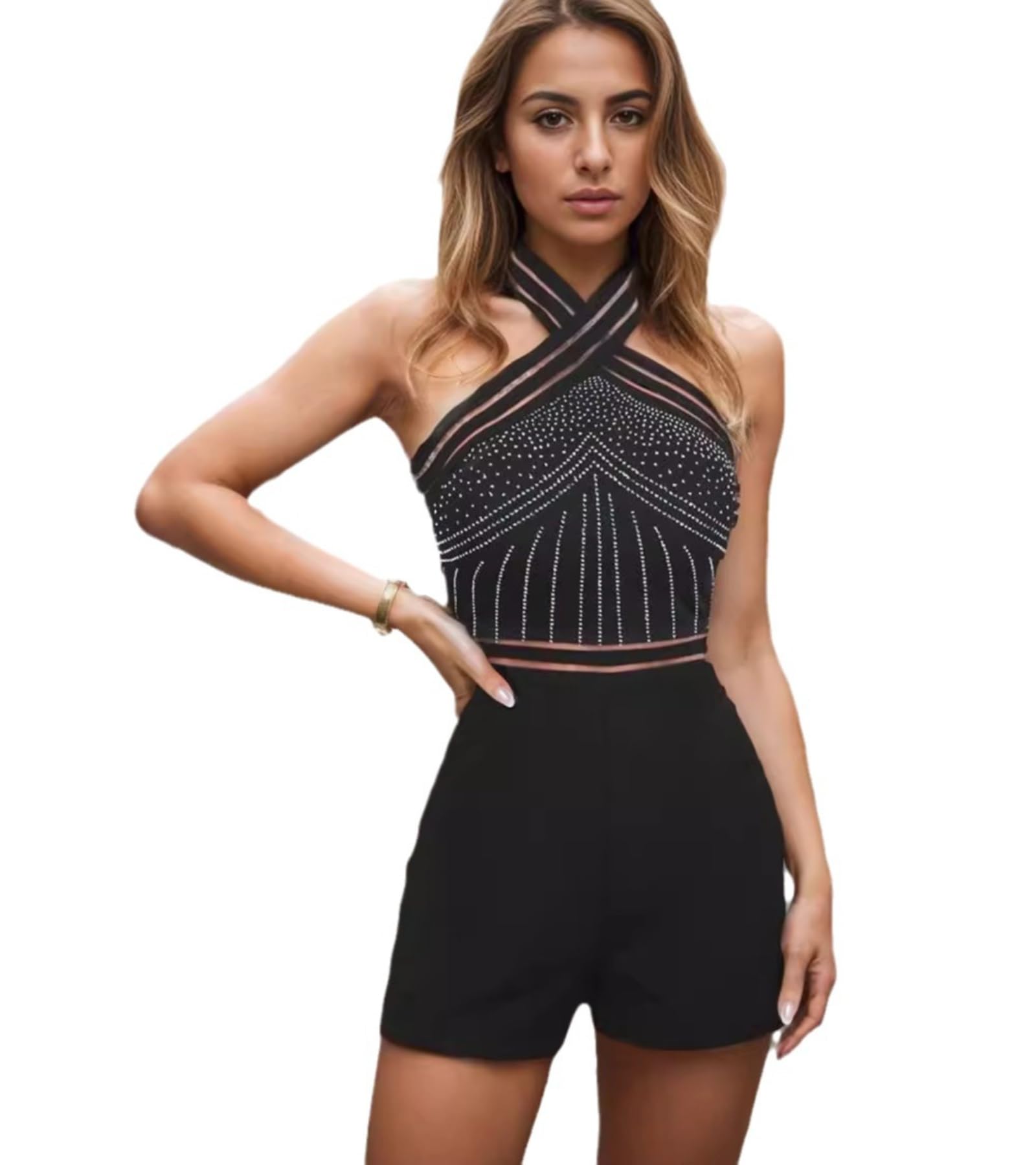 Nagfar Women Sexy Rhinestone Romper Halter Neck Shorts Jumpsuits Tight ...