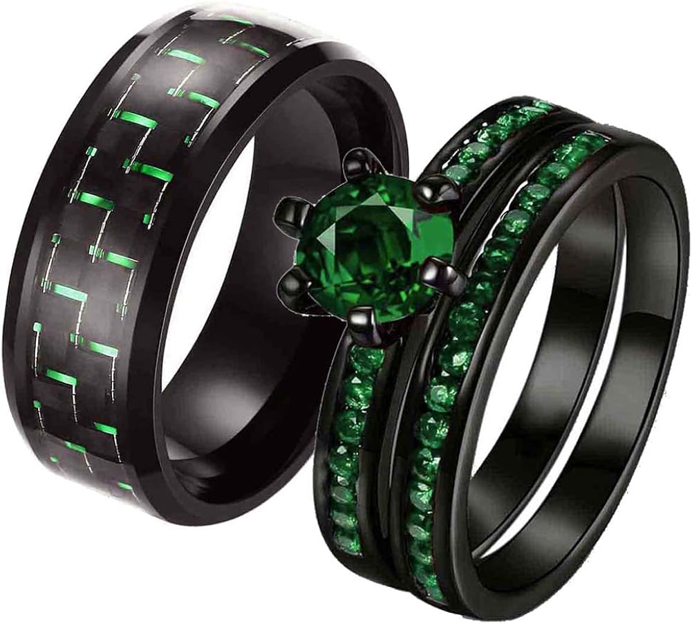 RingHeart 2 Rings His and Hers Couple Rings Black Gold Plated Green Cz ...
