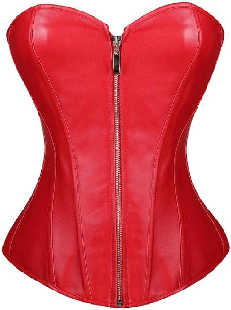 whcct Black Red Sexy Steampunk Bustiers Faux Leather Zip Corset ...