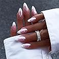 Amazon.com: French Tips Press on Nails with Mirror Designs Glossy Plating Medium Almond Shape ...