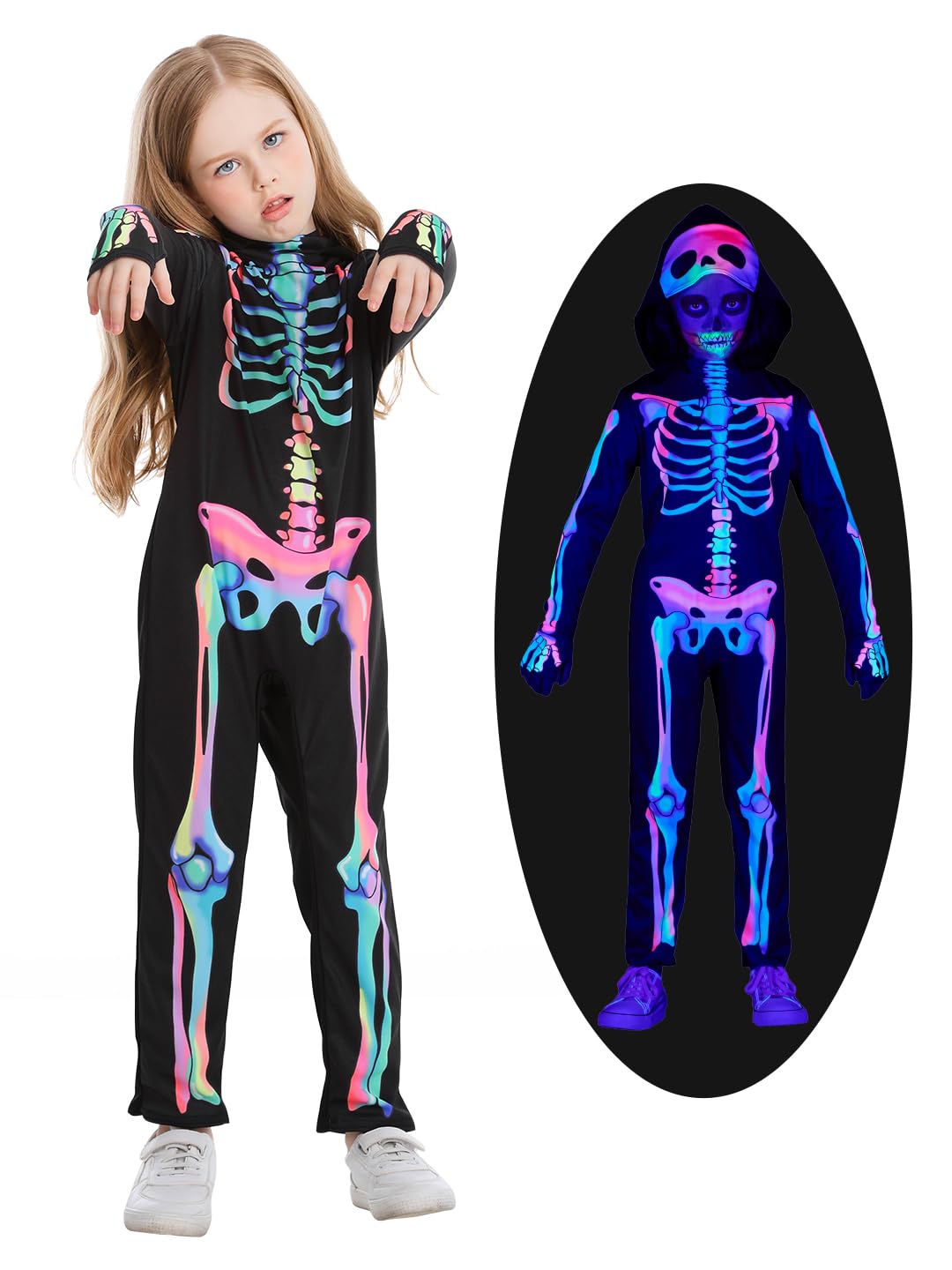 Seasons Rainbow Skeleton Costume with Hood for Kids, Black-Light ...