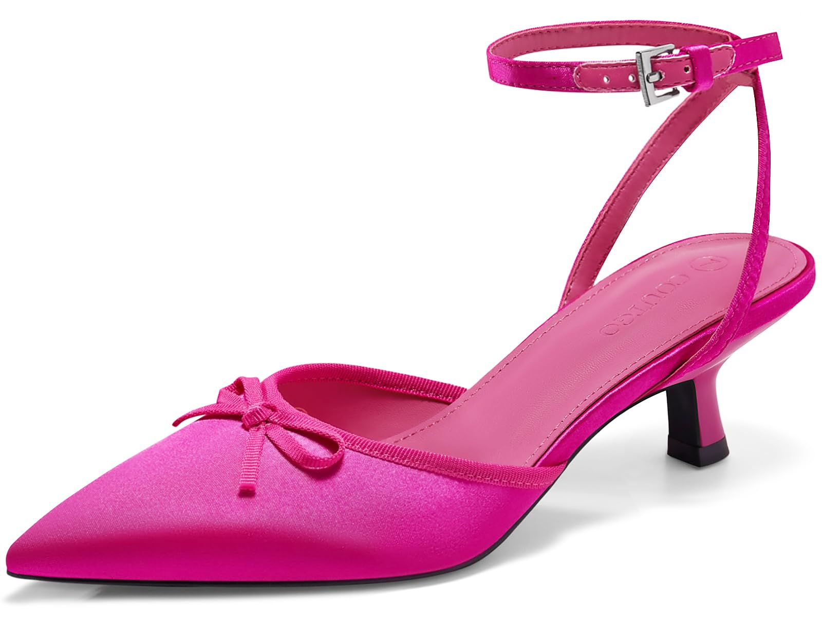 Coutgo Satin Kitten Low Heels with Bow Closed Pointed Toe Short Pumps ...