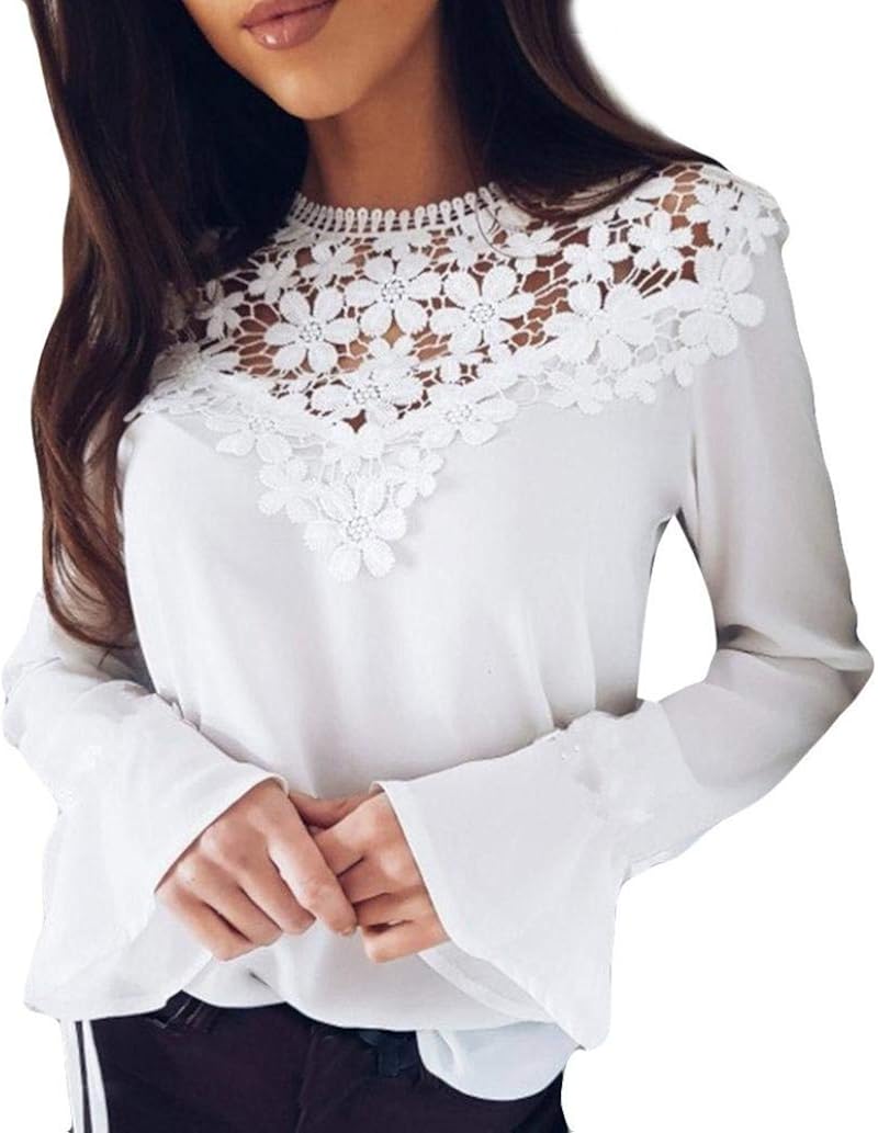 Mieuid Mujer Señoras De Manga Larga De Para Chic Empalme Friends Encaje O Cuello Blusas Camisa ...