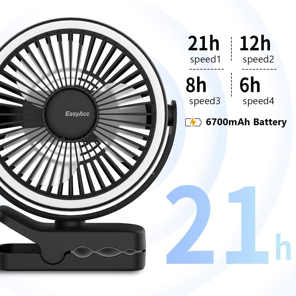 EasyAcc Camping Fan 6700mAh Battery Clip Fan with 4 Speeds LED Lights ...