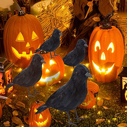 CREPRO Halloween Black Crows Large Realistic Feathered Crows Artificial ...