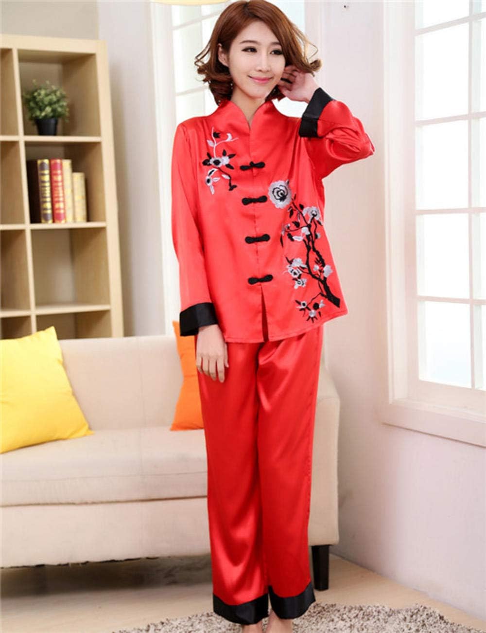 Pajamas Chinese Style Women Embroidery Flower Pajamas Set Sale Satin ...